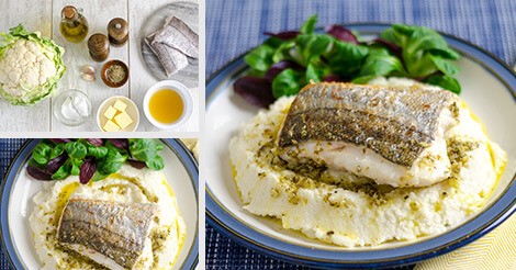 Crispy-Skin Fish & Mashed Cauliflower Drizzled with Oregano Butter
