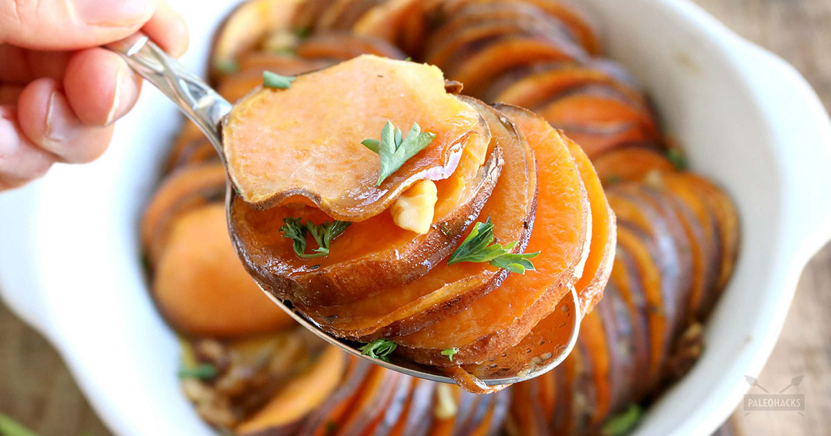 Scalloped Sweet Potatoes Drizzled with Buttery Maple Ghee | Paleo