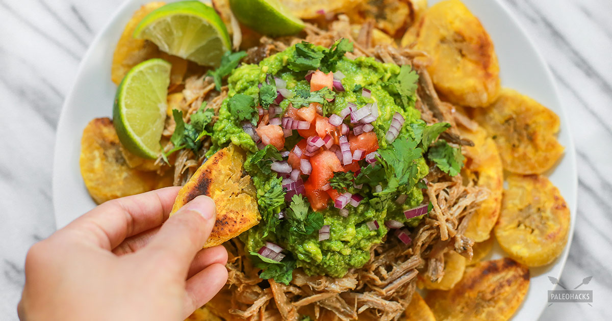 Loaded Crispy Plantain Nachos with Pulled Pork + Guac (Gluten Free)