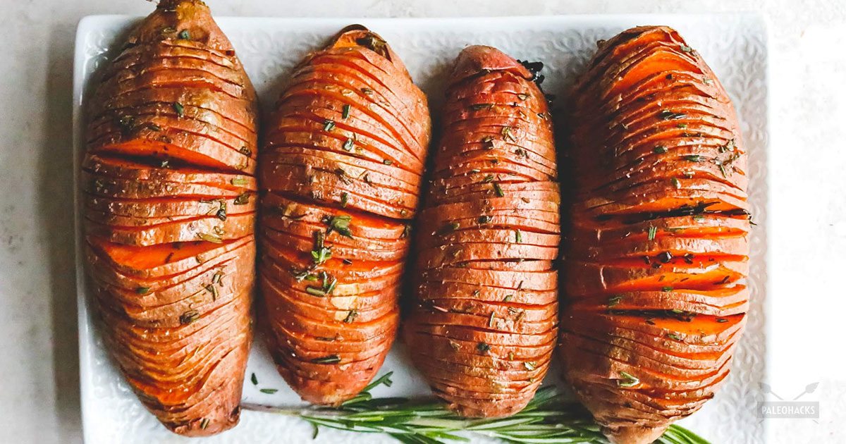 Hasselback Sweet Potatoes Drizzled in Rosemary Ghee (Antioxidant-Rich)