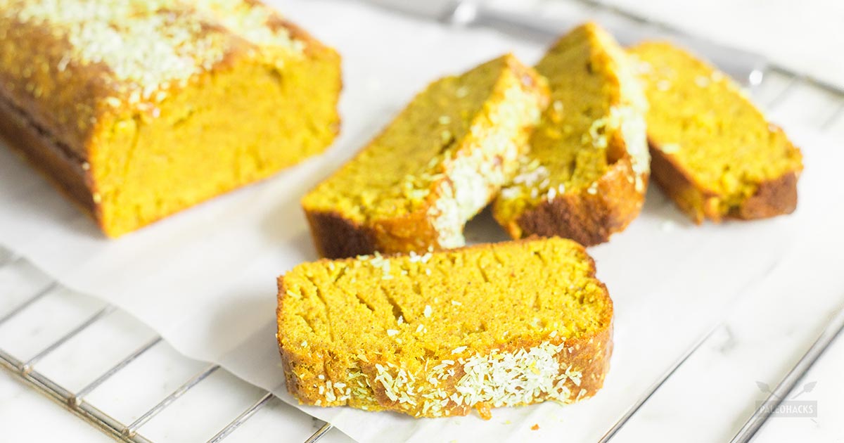 Golden Turmeric Bread Topped with Shredded Coconut | Paleo, Flourless