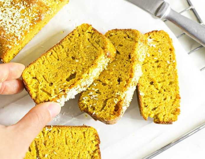 Golden Turmeric Bread Topped with Shredded Coconut | Paleo, Flourless